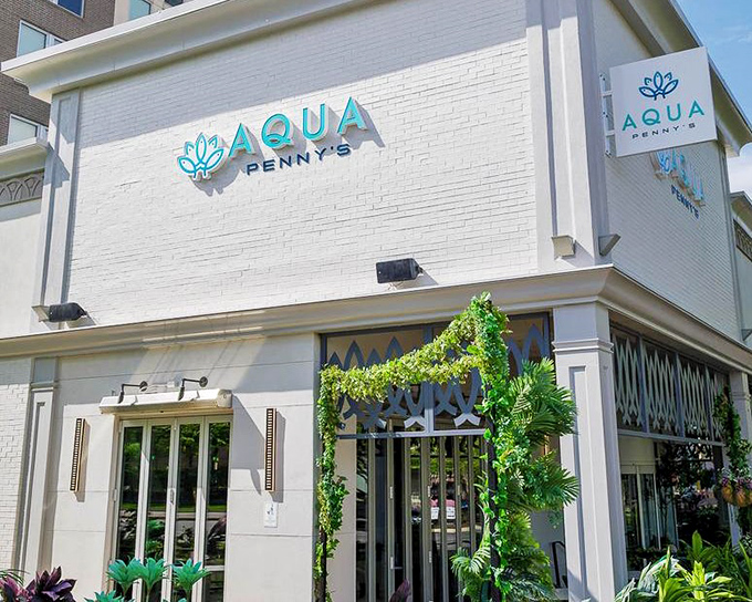 Aqua Penny's crisp white building with turquoise accents looks like it floated in from a coastal design magazine.