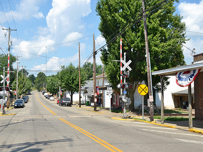 Baltic's main street stretches into the distance, lined with modest buildings that serve the community rather than tourists.