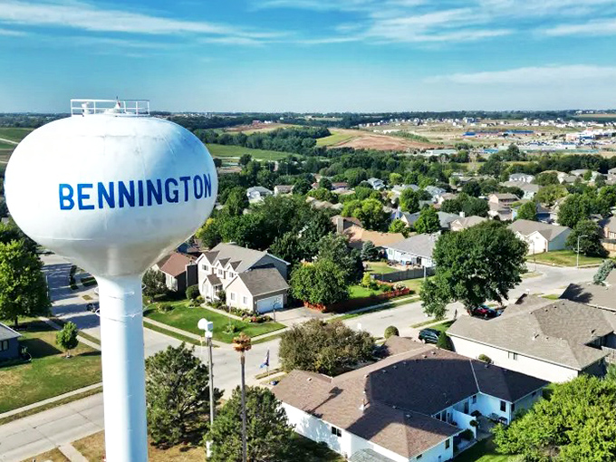 Water tower proudly announces a community where small-town values include genuinely reasonable living costs.