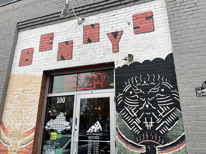 Benny Pennello's colorful murals hint at the creative pizza magic happening inside. Street art meets street food.