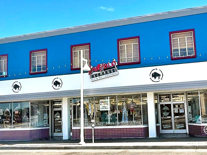 Buffalo Exchange's vibrant blue and white facade stands out on Central Avenue. Where vintage meets modern in perfect harmony!
