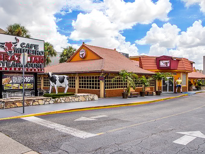 Brazilian steakhouse magic happens behind that colorful facade where endless meat parades await your hungry fork.