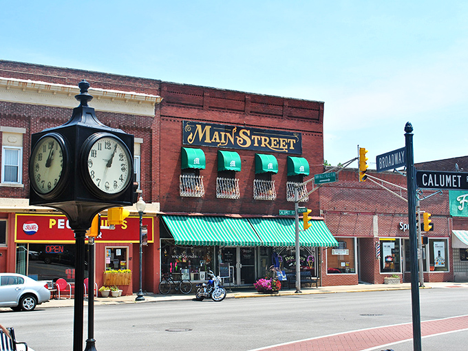 That vintage clock keeps perfect time in Chesterton, where life moves slower and people actually stop to chat.