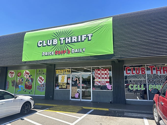Club Thrift's electric green signage promises an experience that's anything but your grandmother's thrift store.