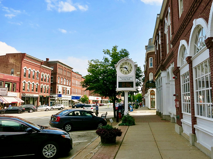 Concord's downtown clock keeps perfect time while historic brick buildings create a timeless Main Street shopping experience.