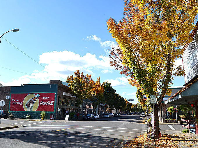 Cottage Grove's tree-lined main street bursts with autumn colors, making even a Coca-Cola mural look like it belongs in a Norman Rockwell painting.