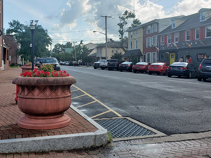 Delaware City's colorful row houses line up like a rainbow, proving waterfront living comes in cheerful packages.