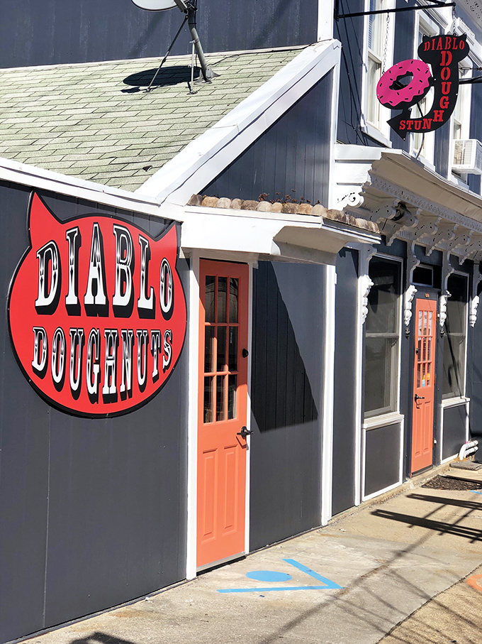 Diablo Doughnuts' navy exterior with bright orange doors is as bold as their flavor combinations &ndash; subtlety is not on the menu here.