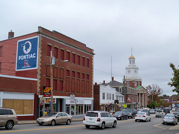 Ghosts of Pontiacs past! Dover's historic downtown mixes automotive nostalgia with clock tower elegance in this architectural potluck.
