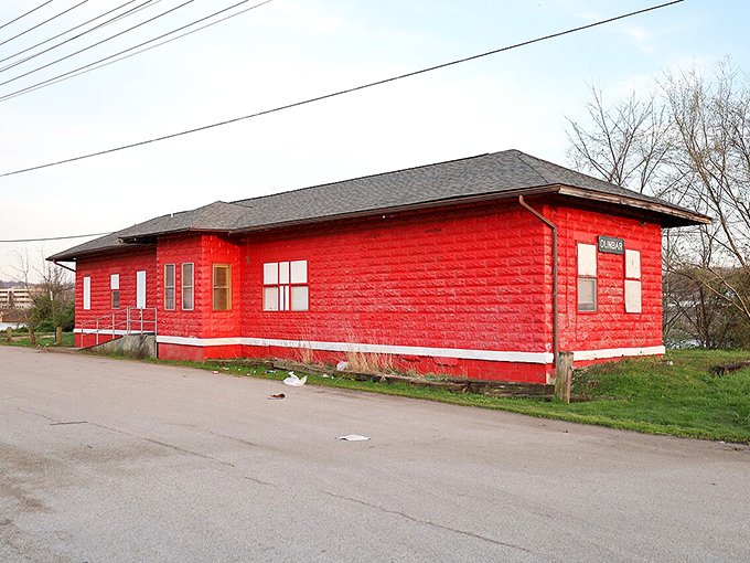 Dunbar's bright red community building stands out like a cheerful beacon in this mountain town.