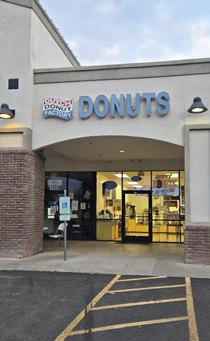 Dutch Donut Factory's simple exterior belies the European-inspired treats inside. Where "DONUTS" in big blue letters is all the advertising needed.