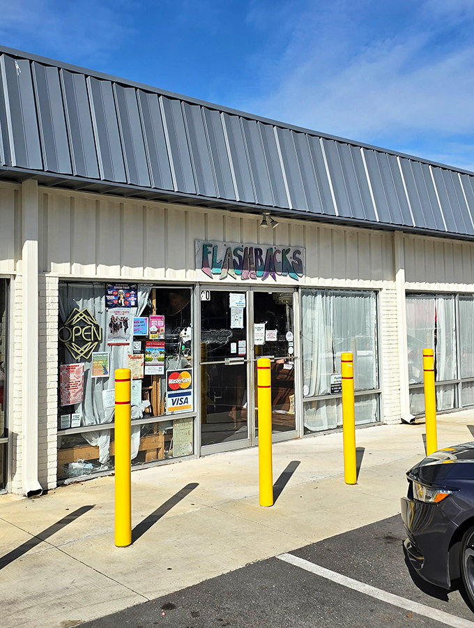 Flashbacks' vintage vibe starts with its retro storefront. Those yellow safety poles guard treasures from decades past.