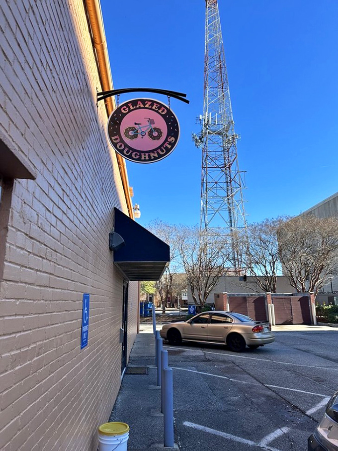 Glazed Doughnuts' bicycle logo and bright yellow building make for an Instagram-worthy stop. Calories burned on the ride home, right?