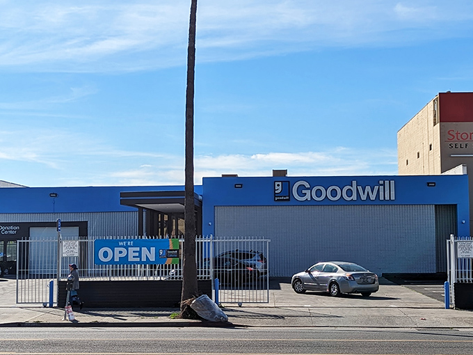 Goodwill's bright blue building stands out on Sunset Boulevard like a beacon for bargain hunters.