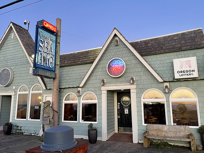 Gracie's Sea Hag's mint-green exterior stands out like a cheerful beacon for hungry travelers on Highway 101.