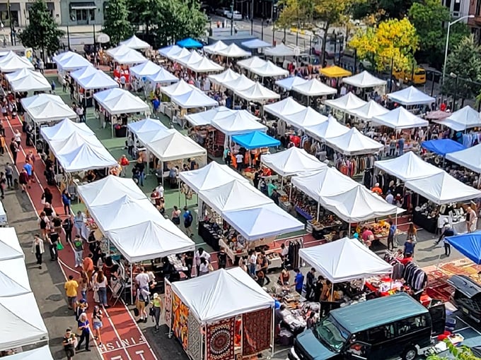 Aerial view reveals the organized chaos that makes flea market browsing absolutely irresistible.