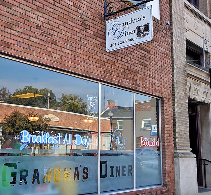 Grandma's Diner's storefront promises "Breakfast All Day" – six words that sound like a warm hug.