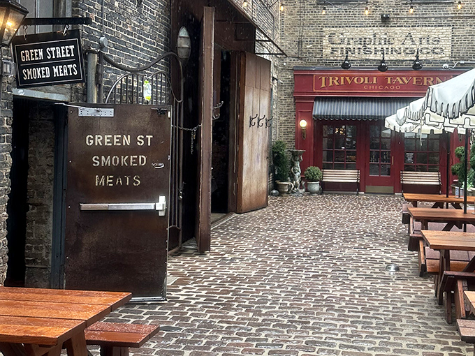 Green Street's weathered door and brick walls feel like discovering a secret barbecue society hidden in plain sight in Chicago's urban landscape.