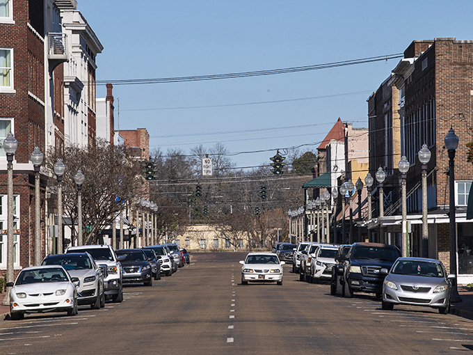 Cotton country elegance shows in every brick building where agricultural prosperity built lasting community foundations.