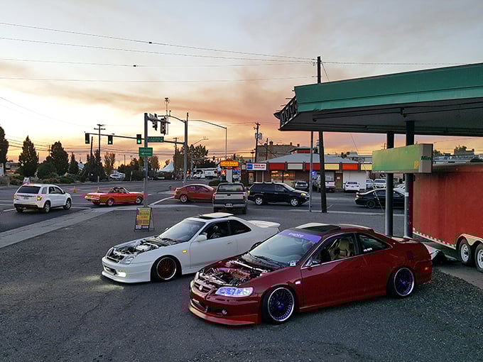 Hermiston's sunset creates a dramatic backdrop for car enthusiasts gathering at a local meet-up spot.