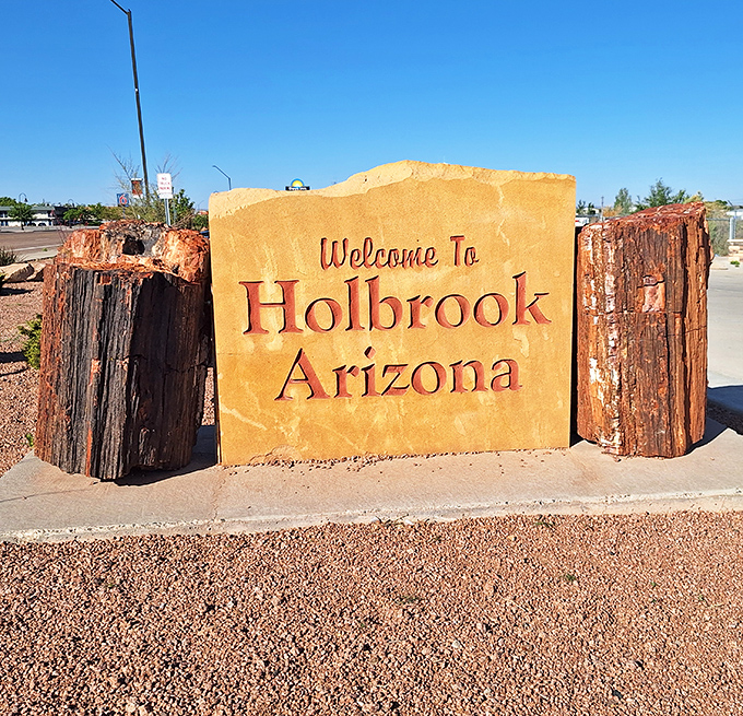 Holbrook's welcome sign, flanked by petrified wood, sets the tone for this Route 66 town. Dinosaurs once roamed where tourists now wander!