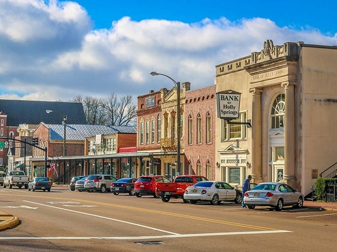 Holly Springs' town square glows in the golden light, looking exactly like the postcard-perfect Southern town it is.