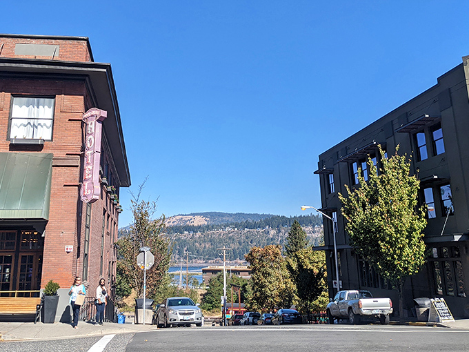 Hood River's historic downtown frames Mount Hood in the distance, a perfect blend of small-town charm and natural grandeur.