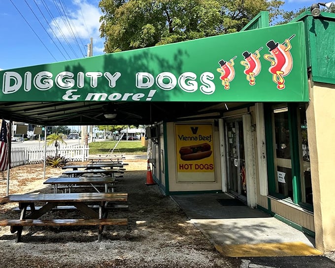 Hot Diggity Dogs' green awning and picnic tables promise a no-frills, all-thrills hot dog experience worth writing home about.
