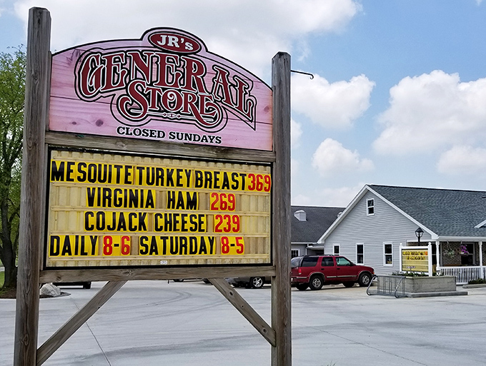 JR's General Store announces its daily specials with old-school charm, inviting you to discover southern Ohio's Amish market gem.