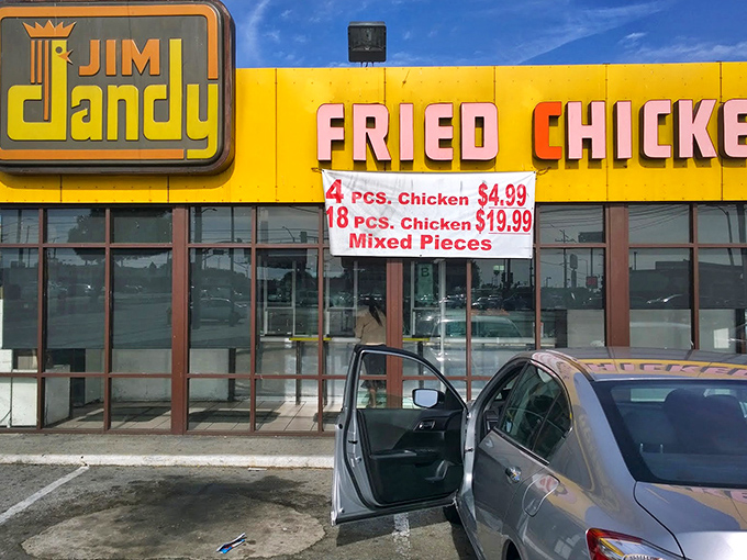 Jim Dandy's vintage yellow signage is like a time machine to when fried chicken was simple, honest, and absolutely perfect.