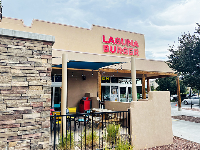 Stone facade and modern design signal that Albuquerque's burger game has reached new heights of local excellence.