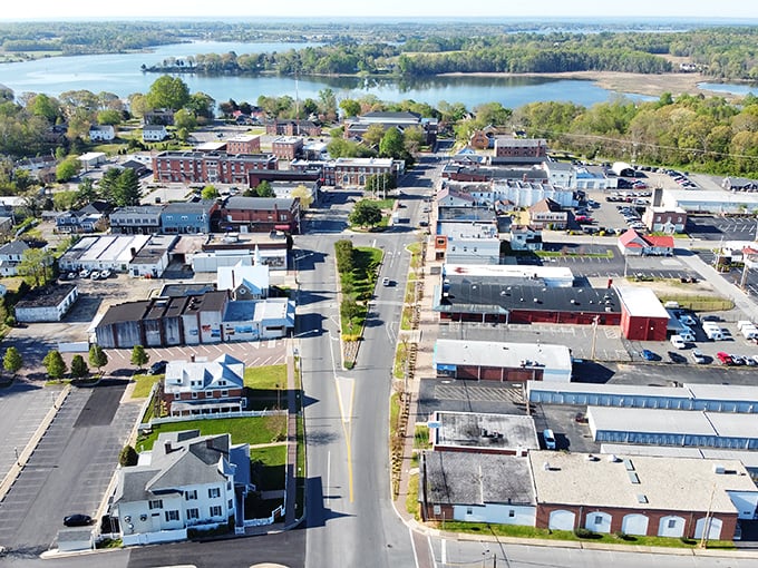 Leonardtown's aerial view reveals its perfect small-town layout, with water views that make city dwellers question their life choices.