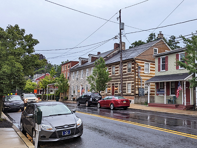 Wet streets reflect the charm of old buildings, creating double the beauty on this peaceful afternoon.