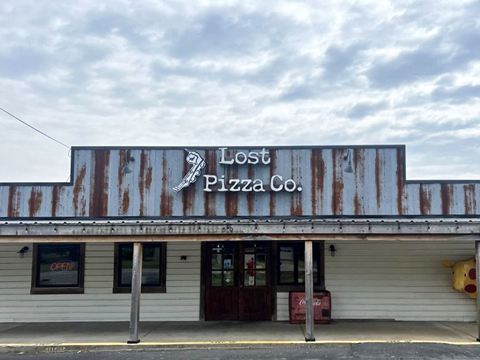 Lost Pizza Co's rustic metal siding tells stories of countless satisfied customers and family gatherings.