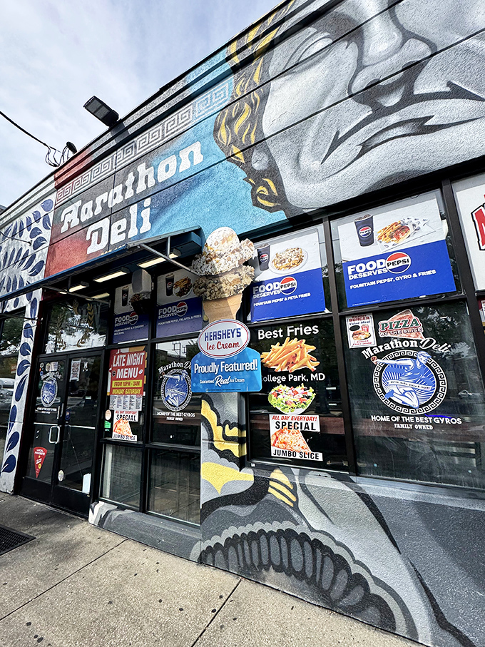 Marathon Deli's vibrant mural announces this College Park institution that feeds hungry students around the clock.