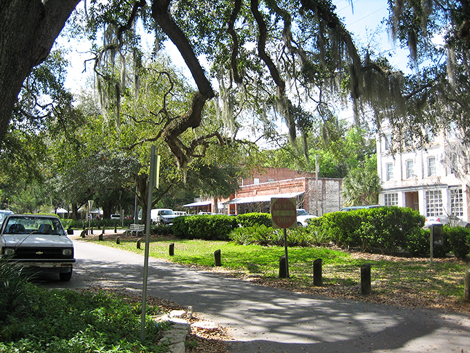 Spanish moss drapes over the street like nature's bunting, celebrating small-town life in the shade.