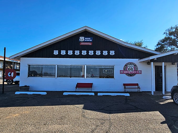 Route 66's Midpoint Cafe sits like a time capsule where breakfast meets legendary American road trip history.