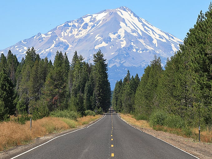 The road to affordable retirement looks exactly like this &ndash; straight, uncrowded, and ending at Mount Shasta's majestic, snow-capped promise.