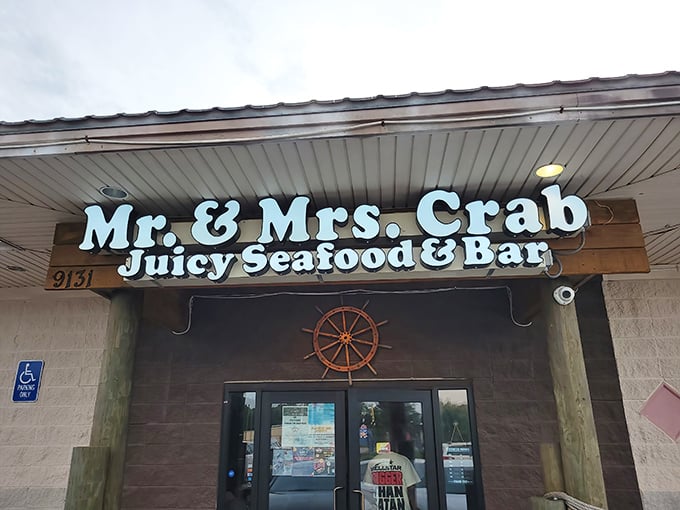 Mr. & Mrs. Crab announces itself with bold signage and a giant crab on the roof, leaving zero doubt about tonight's dinner plans.