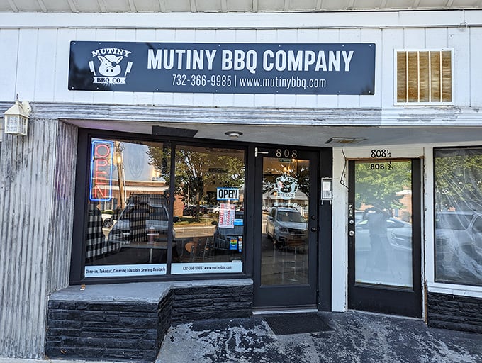 Mutiny BBQ Company's straightforward storefront brings rebellious BBQ spirit to Asbury Park. Their no-nonsense approach focuses on what matters: the meat.
