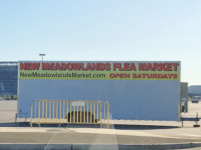 The New Meadowlands Market sign stands proud, promising Saturday treasures just steps from football glory.