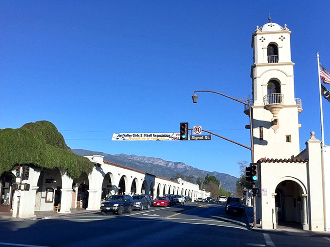 Ojai's Spanish architecture basks in the perfect Southern California light. That bell tower has witnessed more perfect days than a weather forecaster.
