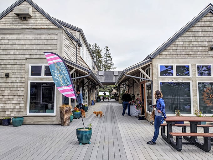 Pacific City's wooden buildings and coastal architecture create a laid-back vibe where flip-flops are acceptable footwear for almost any occasion.