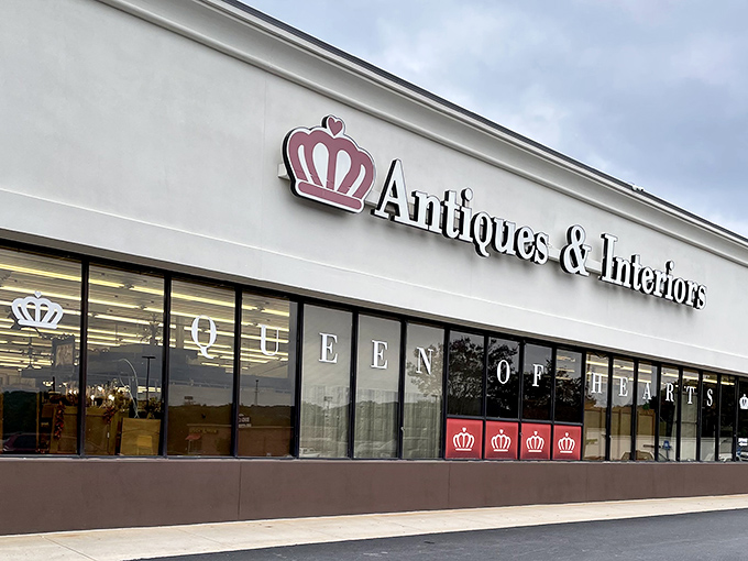 Royal treatment awaits behind these elegant windows, where "Queen of Hearts" promises treasures fit for any castle.