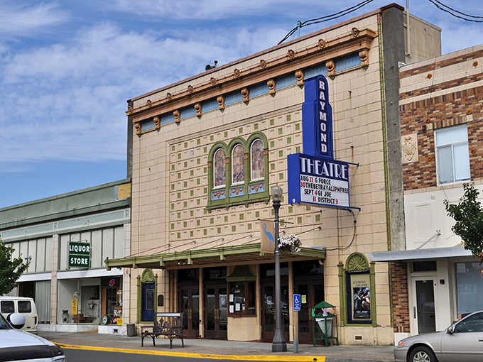 Raymond Theatre stands proudly like the town's cultural crown jewel! You can almost smell the buttery popcorn.
