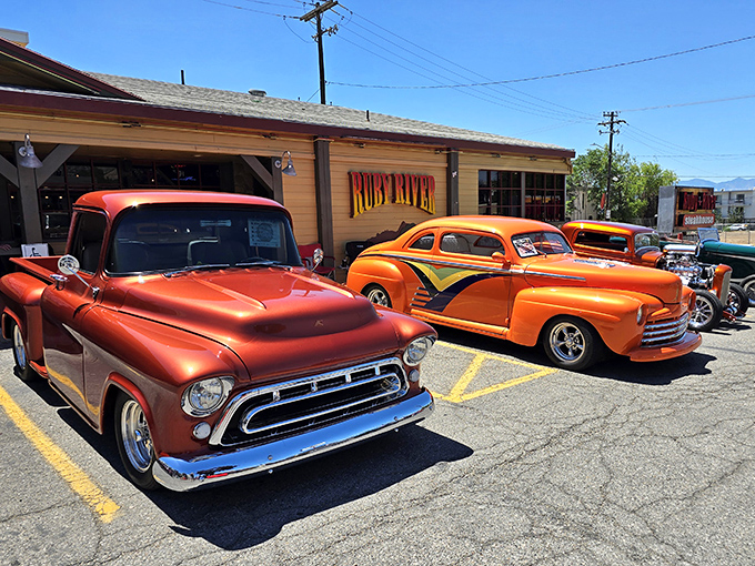 Classic cars at Ruby River are appetizers for the eyes. Vintage vehicles, vintage vibes, very good steaks.