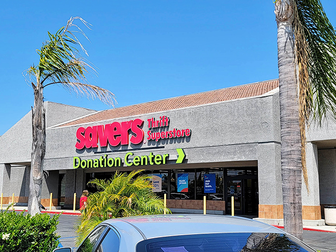 Savers' bold red lettering announces serious thrift shopping ahead - this Fountain Valley location means business for bargain hunters.