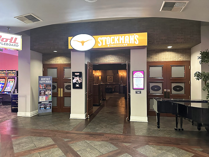 Stockman's Steakhouse entrance stands ready to welcome hungry cowboys and curious tourists alike. No spurs required!
