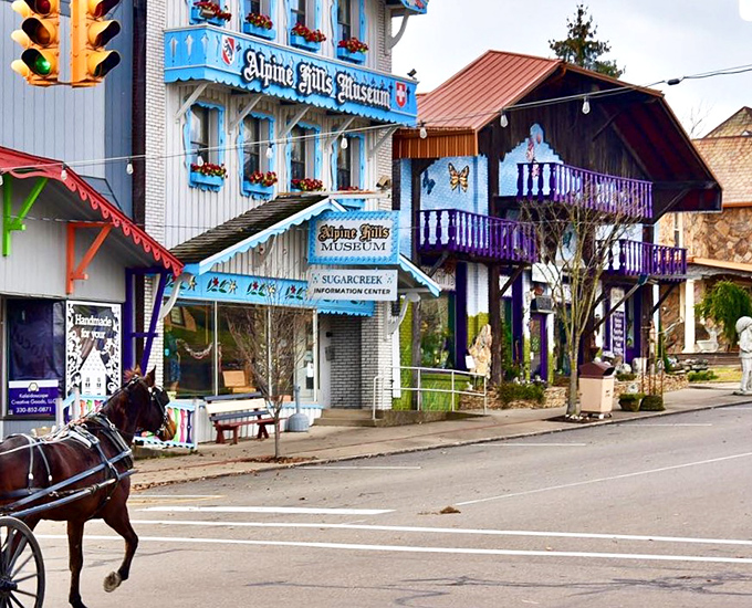 Sugarcreek's whimsical Swiss-inspired buildings and horse-drawn buggies create a storybook setting where modern stress seems out of place.