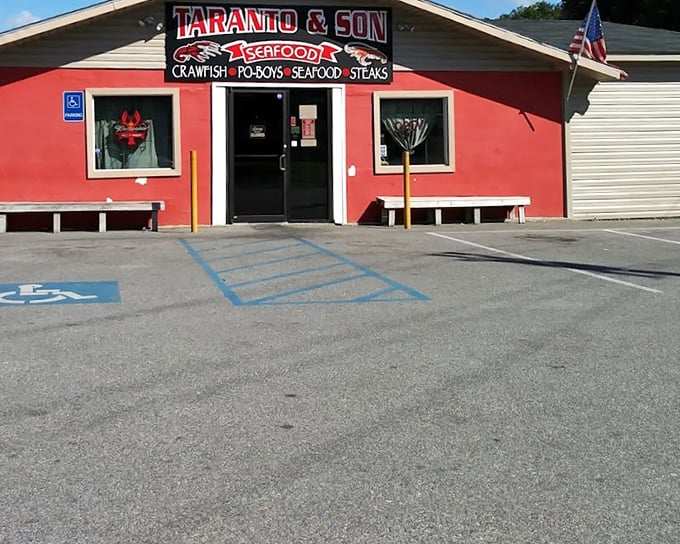 Bold red buildings house bold flavors - this crawfish headquarters means serious business about coastal cuisine.